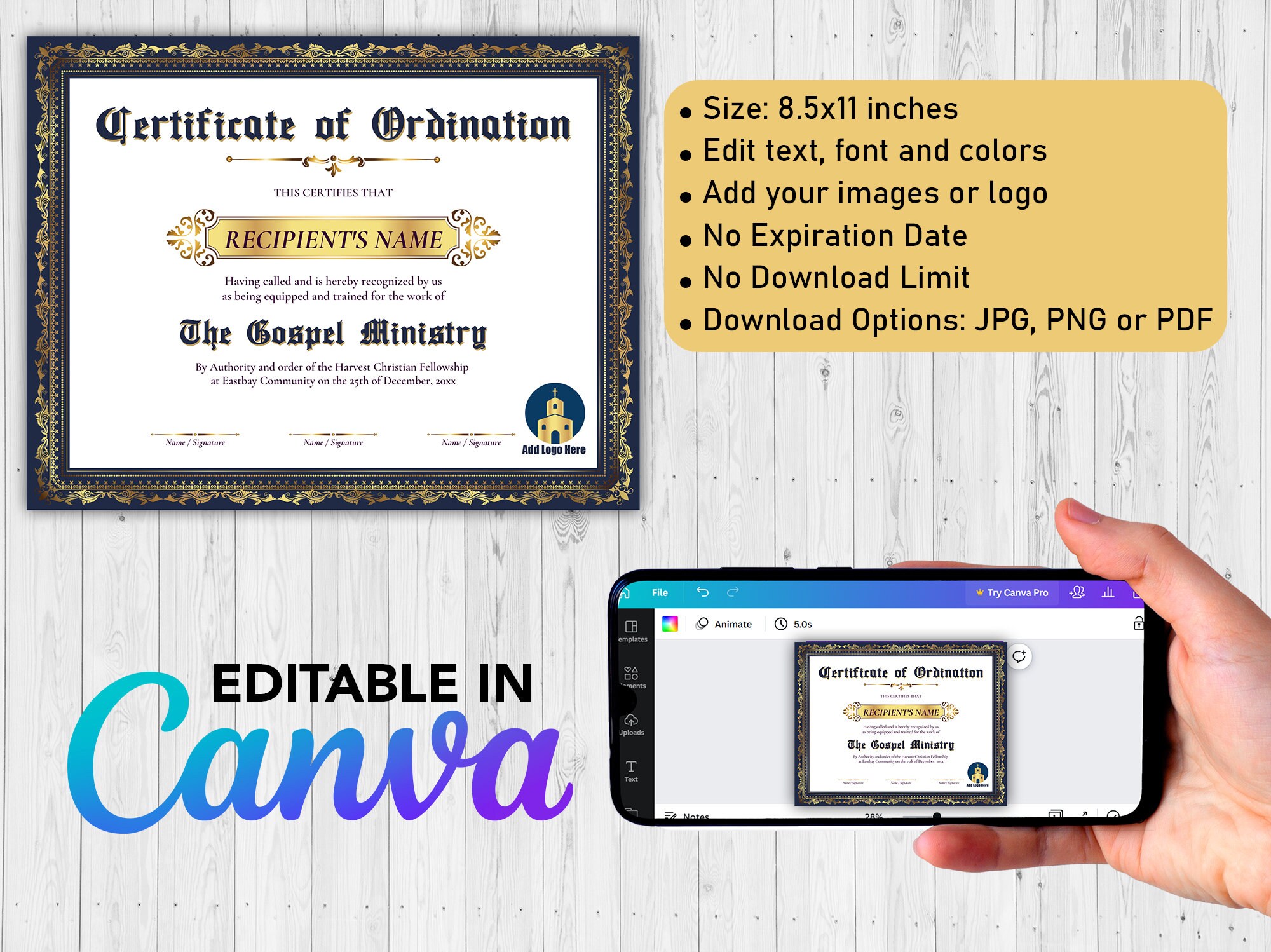 Personalized Minister Ordination Certificate | Editable Christian ...