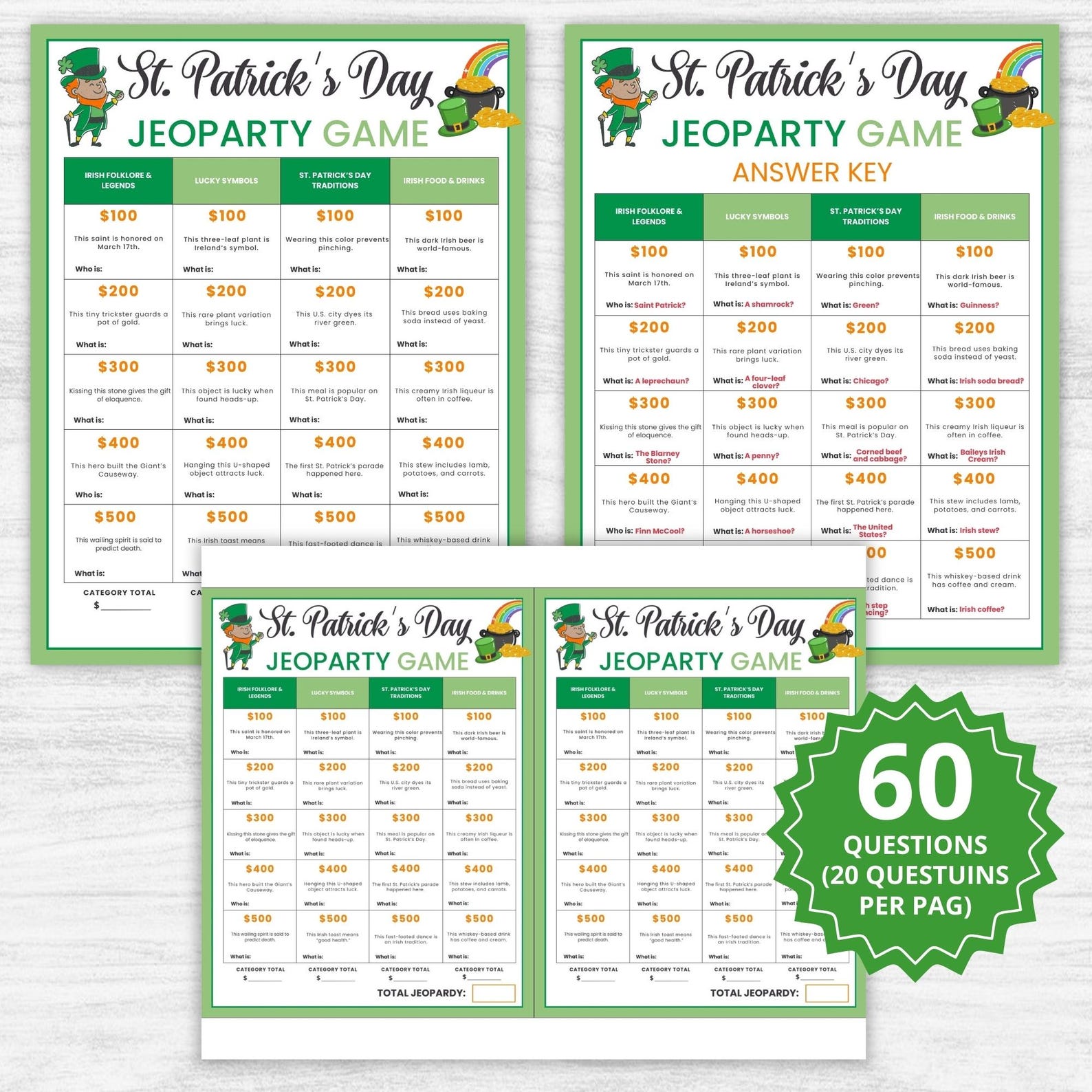 St Patricks Day Jeopardy Game, Printable Trivia (digital Download) - Etsy