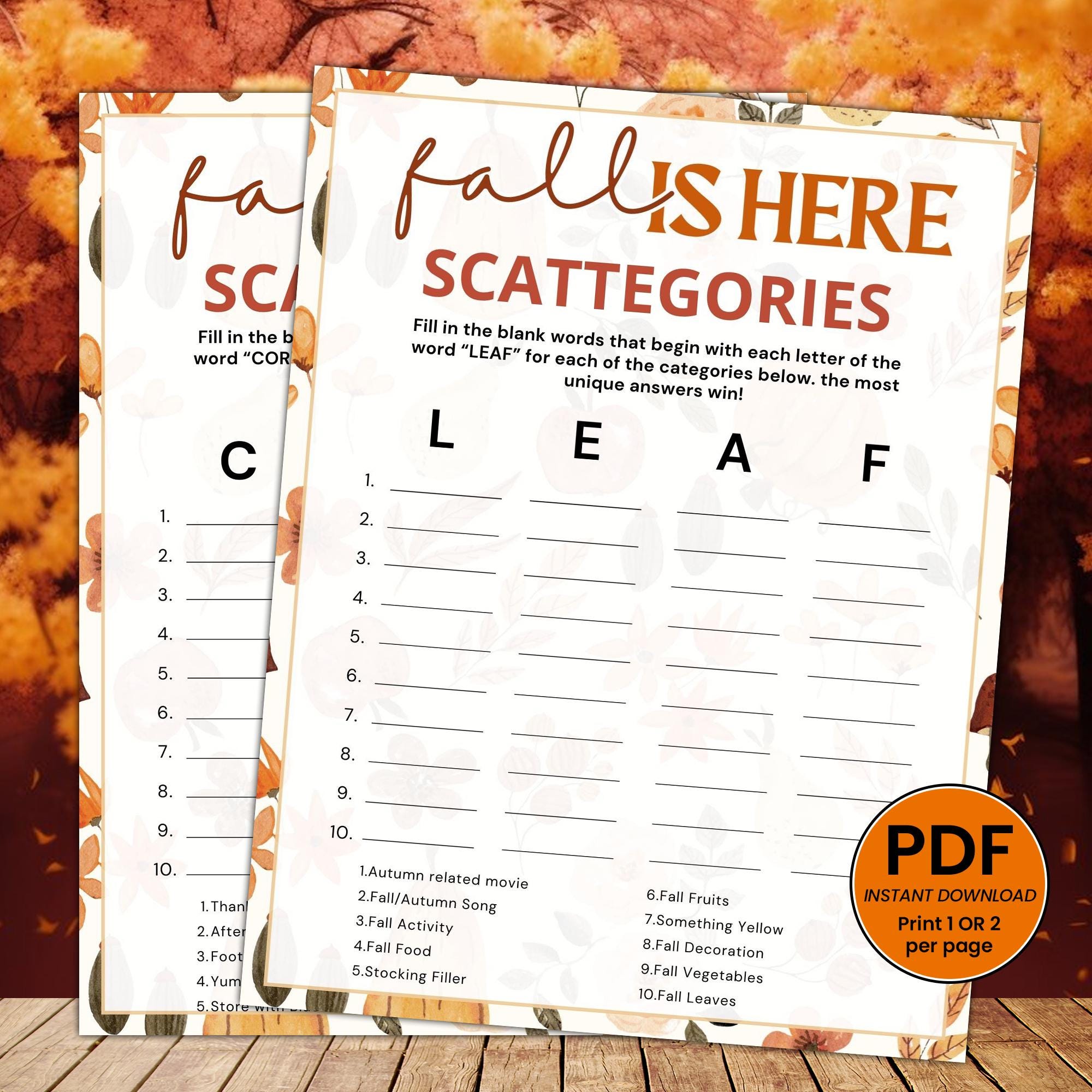 Scattergories Fall Printable Game, Autumn Games Printable, Fall Games ...