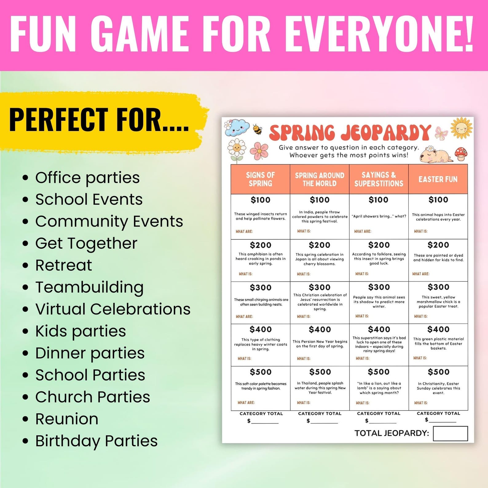 Spring Jeopardy Trivia Game, Printable Party Activity (instant Download ...