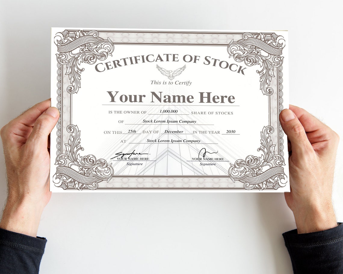 Certificate of Stock, Editable Stock Certificate Template, Certificate of Shares, Stock Market ...