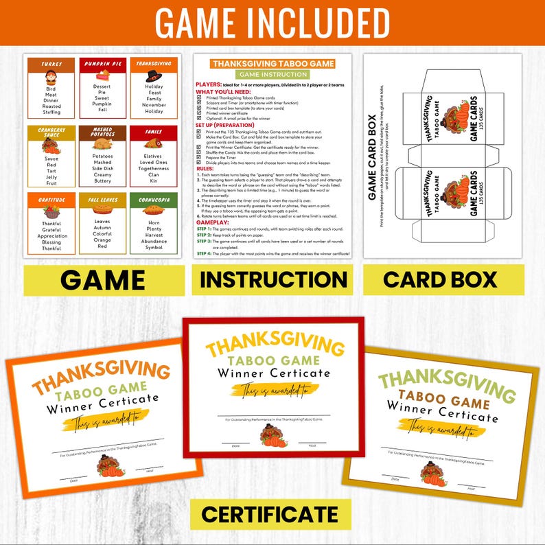 Thanksgiving Taboo Game, Fall Autumn Words Card Game, Family Reunion ...