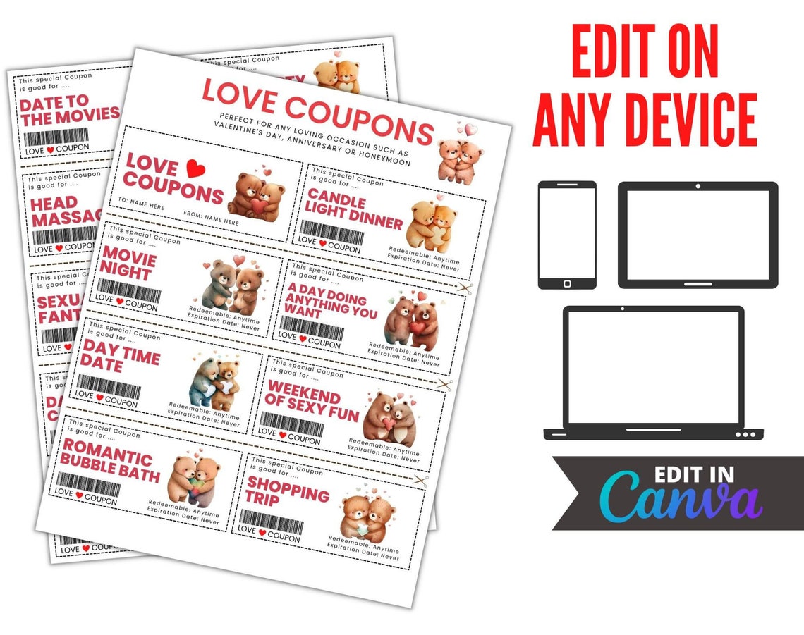 Love Coupons Book Printable Fun Love Coupons Template Editable Naughty ...