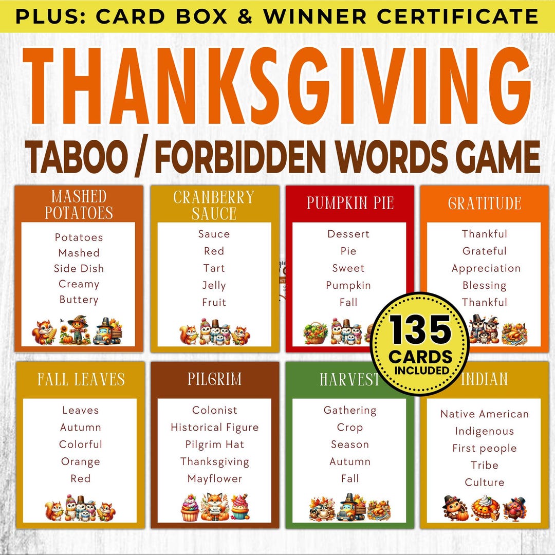 Thanksgiving Taboo Game, Printable Fall Activity, Thanksgiving Party ...
