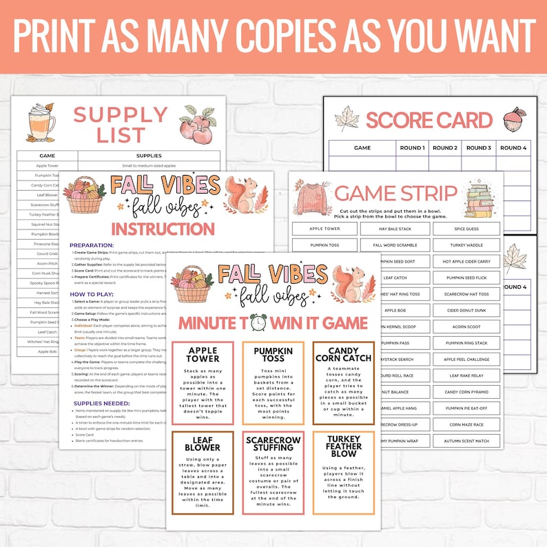 Fall Minute To Win It Games, Thanksgiving, Autumn Party (Printable ...