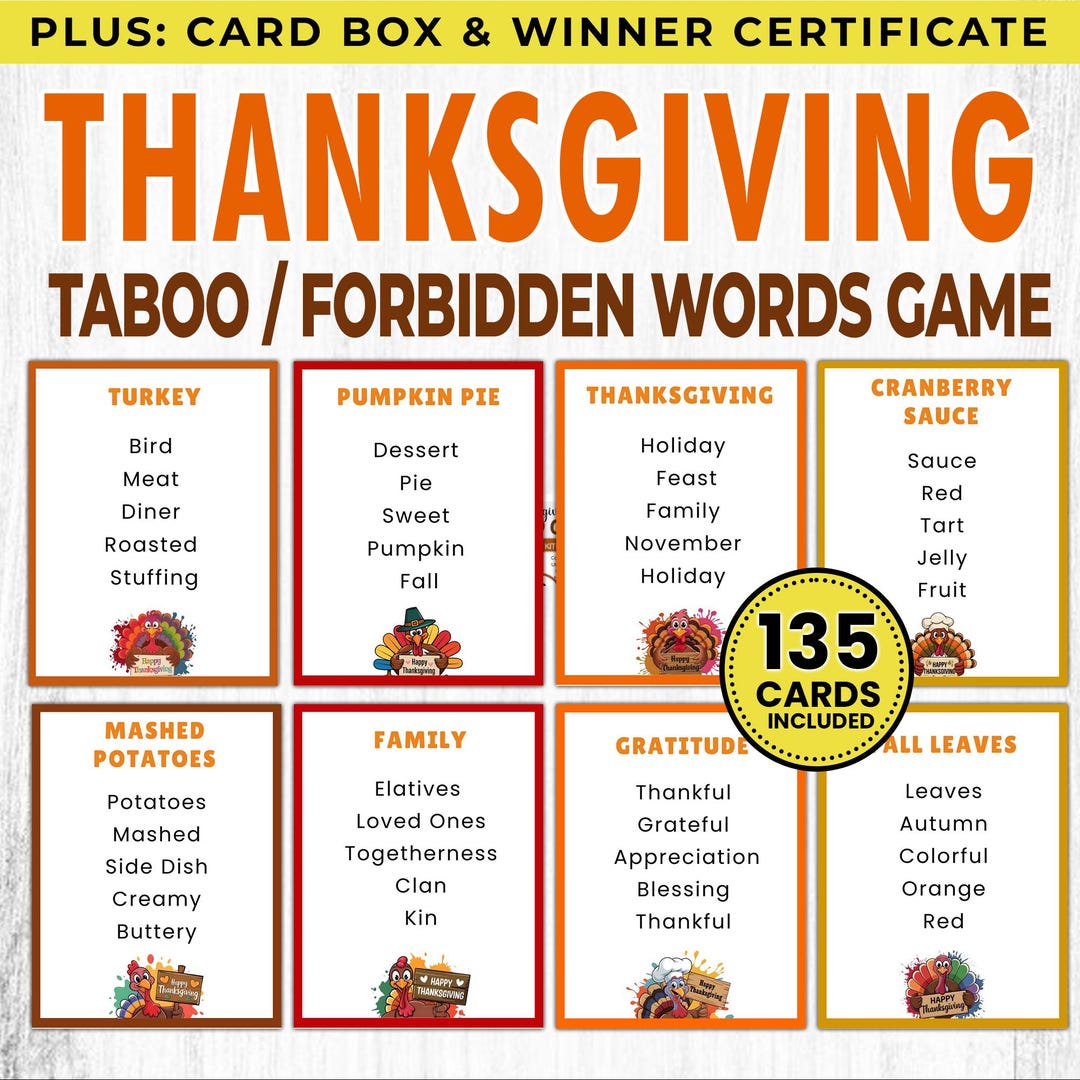 Thanksgiving Taboo Game 135 Cards Thanksgiving Party Game Night ...