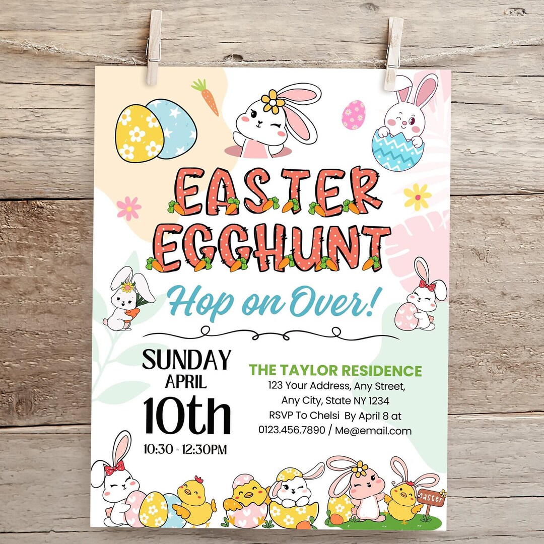 Editable Easter Egg Hunt Invitation Template Hop on Over Easter Bunny ...