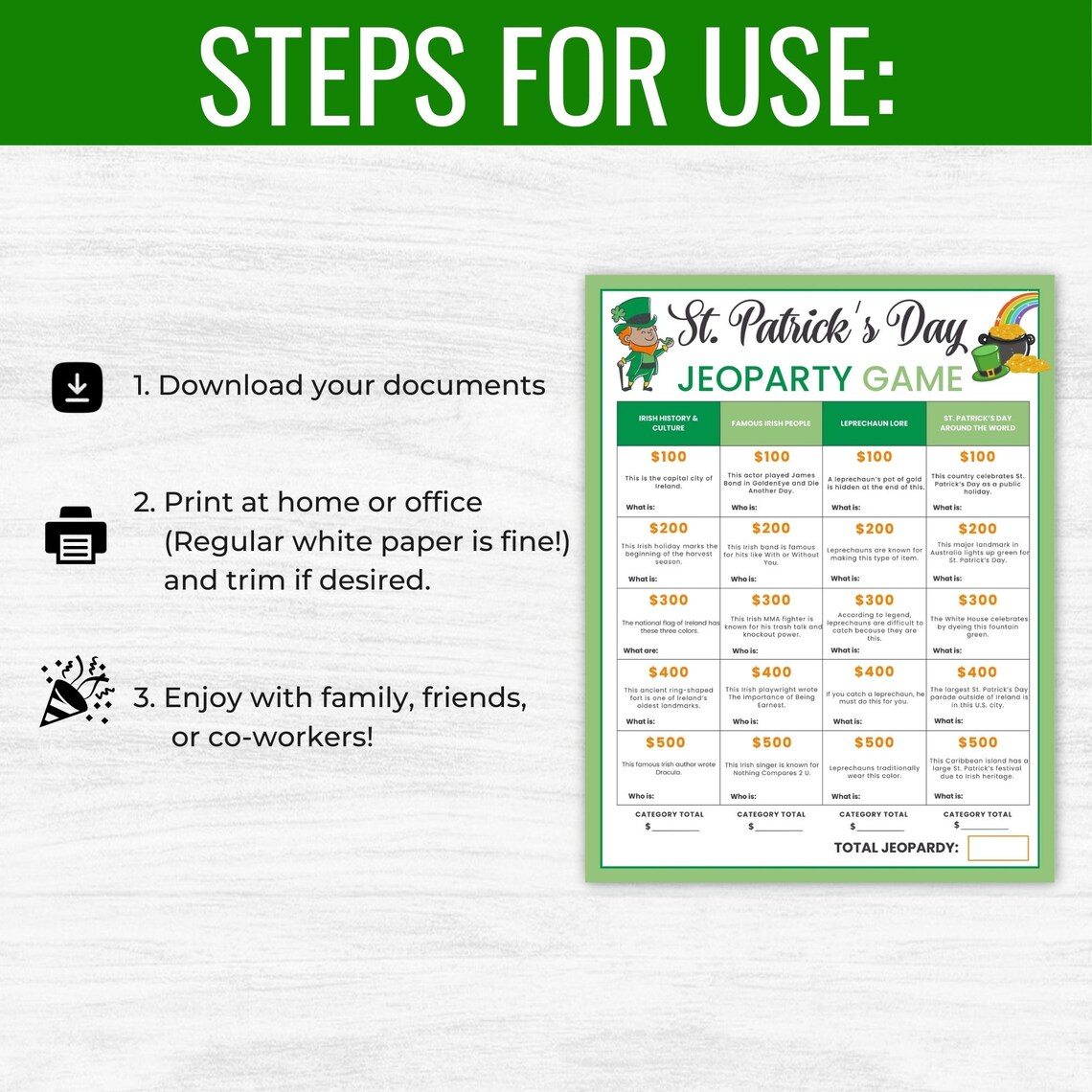 St Patricks Day Jeopardy Game, Printable Trivia (digital Download) - Etsy