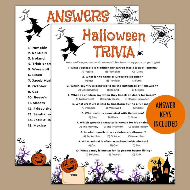 Halloween Trivia Game Printable, Halloween Party Games for Kids and ...