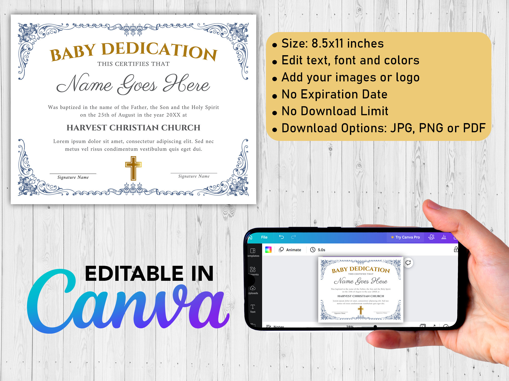 Editable Baby Dedication Certificate Template, Christening (digital ...