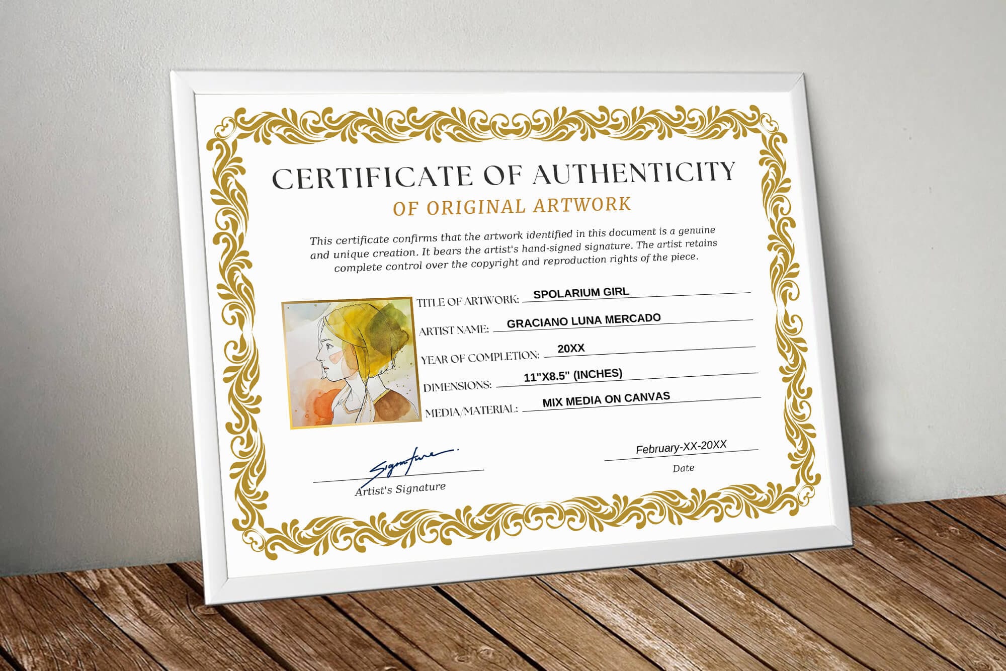 Certificate of Authenticity for Original Artwork Template, Editable ...
