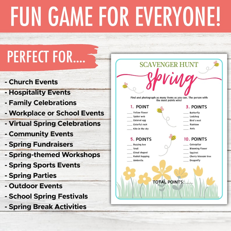 Spring Scavenger Hunt, Printable Spring Party Game for Kids & Adults ...