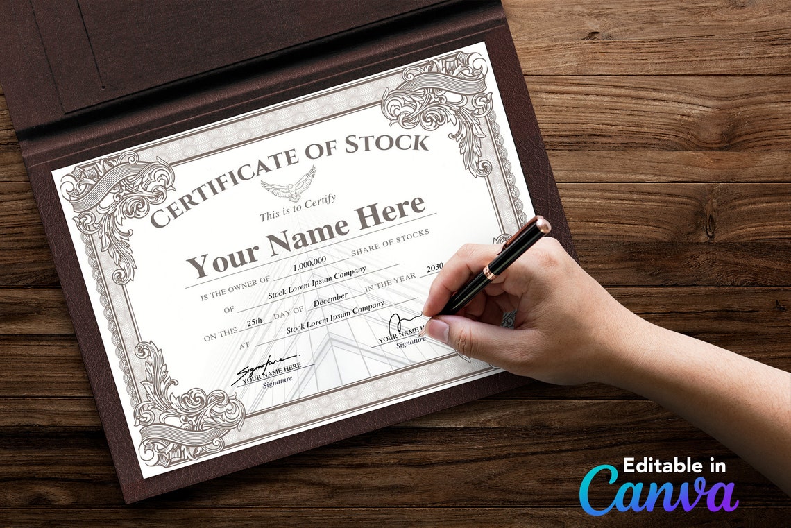 Certificate of Stock, Editable Stock Certificate Template, Certificate of Shares, Stock Market ...