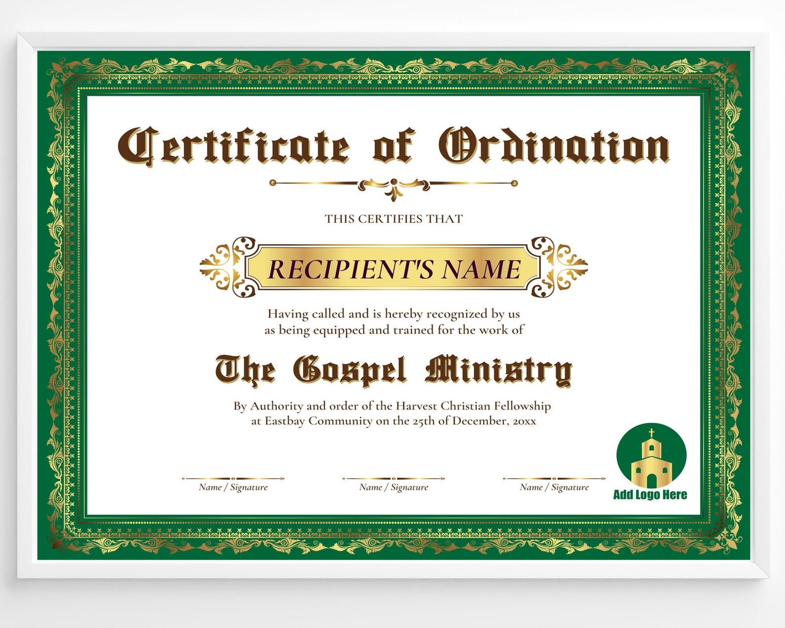 Editable Green & Gold Ordination Certificate Template (canva) - Etsy