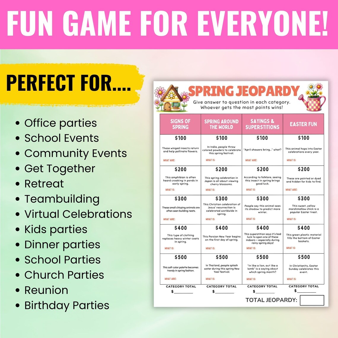 Spring Jeopardy Trivia Game, Printable Party Activity (PDF Download) - Etsy