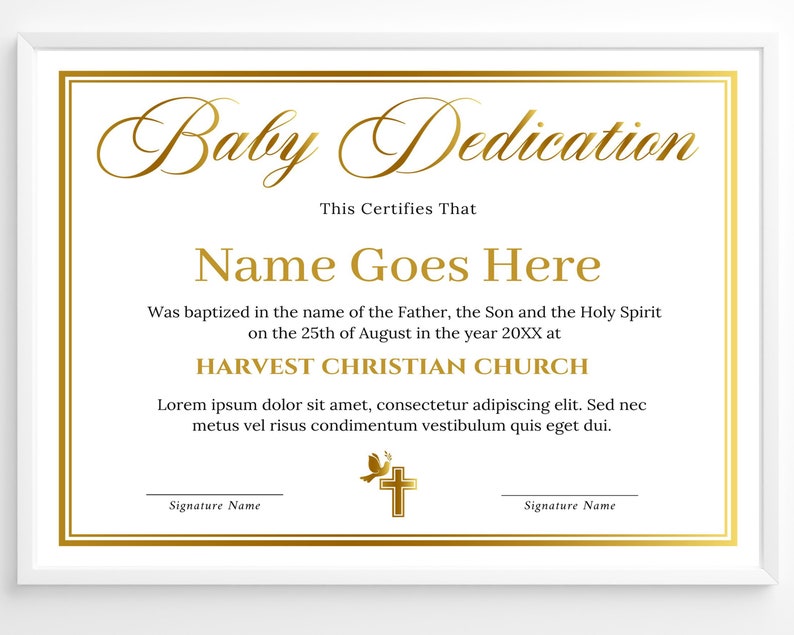 Baby Dedication Certificate Template Gold, Child Dedication, Editable ...