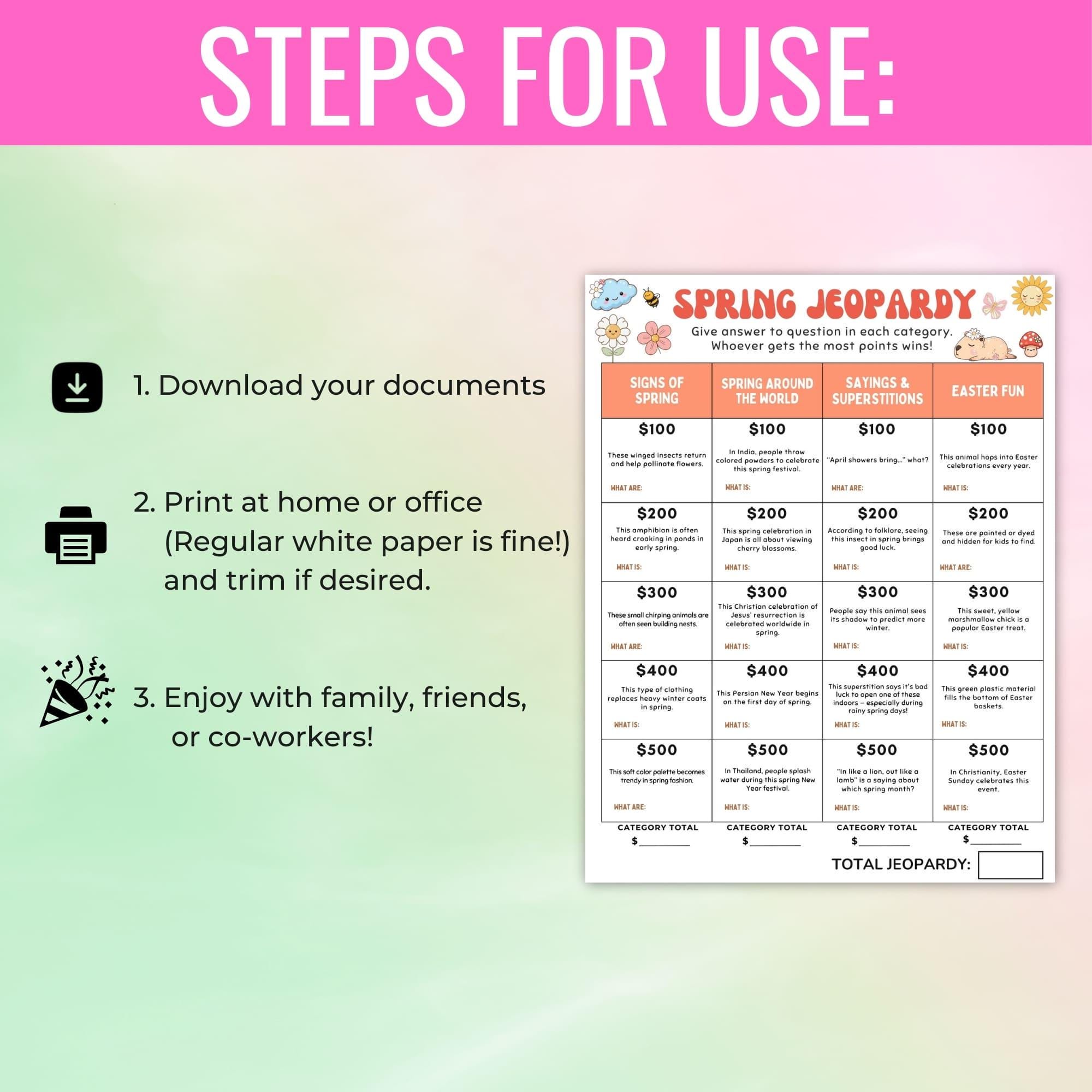 Spring Jeopardy Trivia Game, Printable Party Activity (instant Download ...