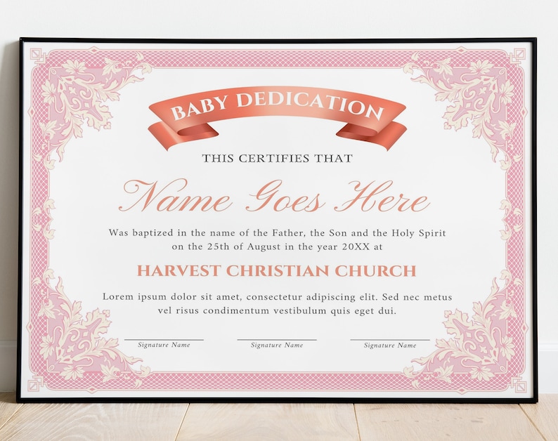 Girl Baby Dedication Certificate Template, Pink Border (digital ...