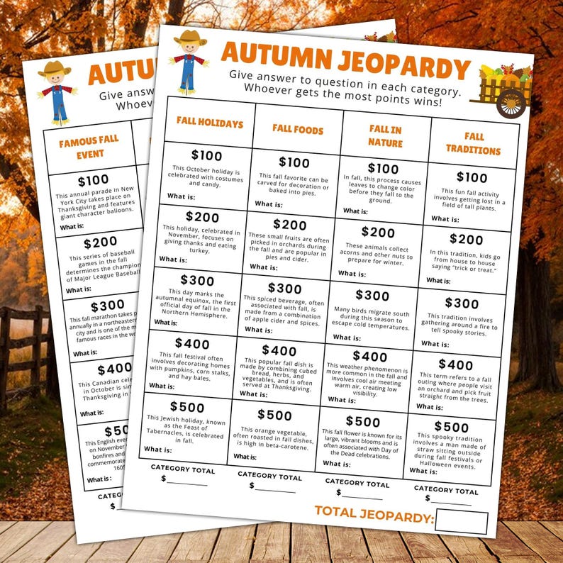 Autumn Jeopardy Game, Fall Trivia, Teens & Seniors (printable) - Etsy