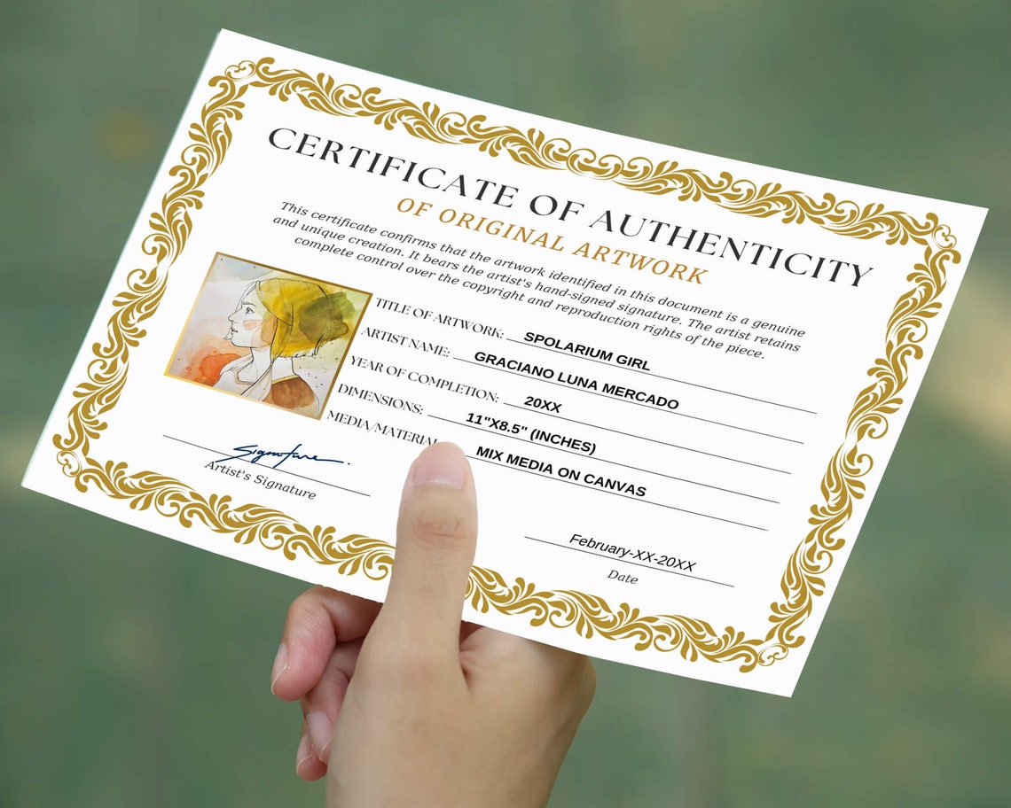 Certificate of Authenticity for Original Artwork Template, Editable ...