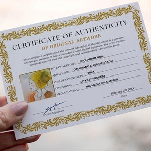Certificate of Authenticity for Original Artwork Template, Editable Certificate of Authenticity ...