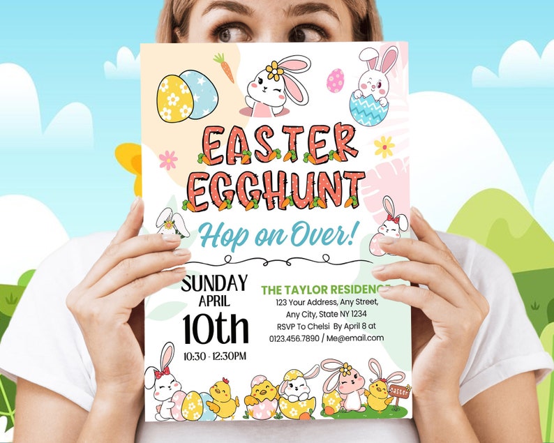 Editable Easter Egg Hunt Invitation Template Hop on Over Easter Bunny ...
