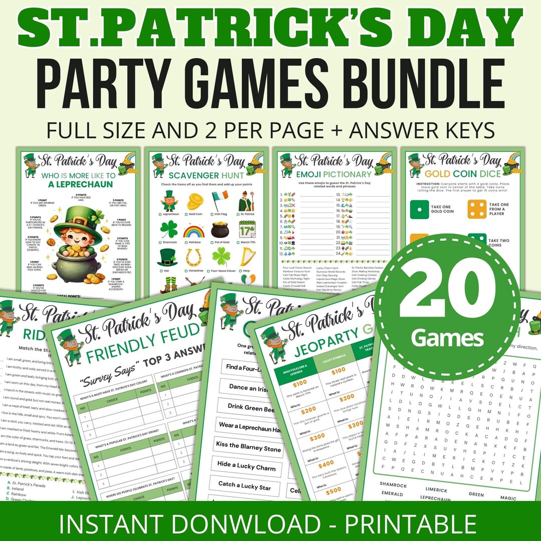 St Patricks Day Games Bundle, 20 Fun St. Patrick's Day Party Games for ...