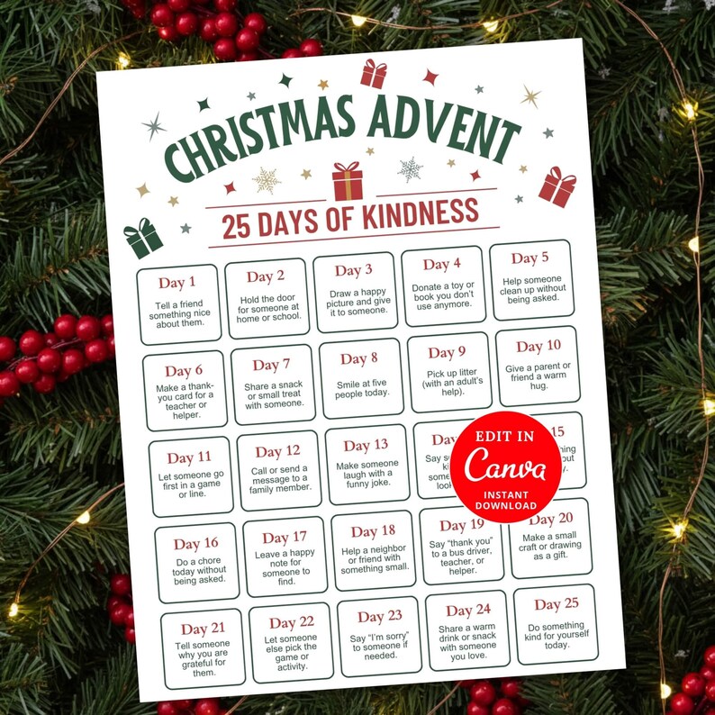 Christmas Kindness Advent Calendar: Family Activity Template (editable ...
