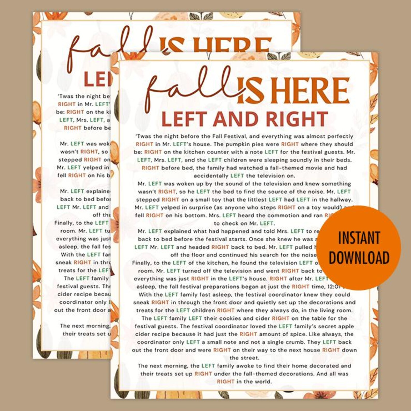 Fall Left Right Game, Left Right Story Pass the Gift Prize Exchange ...