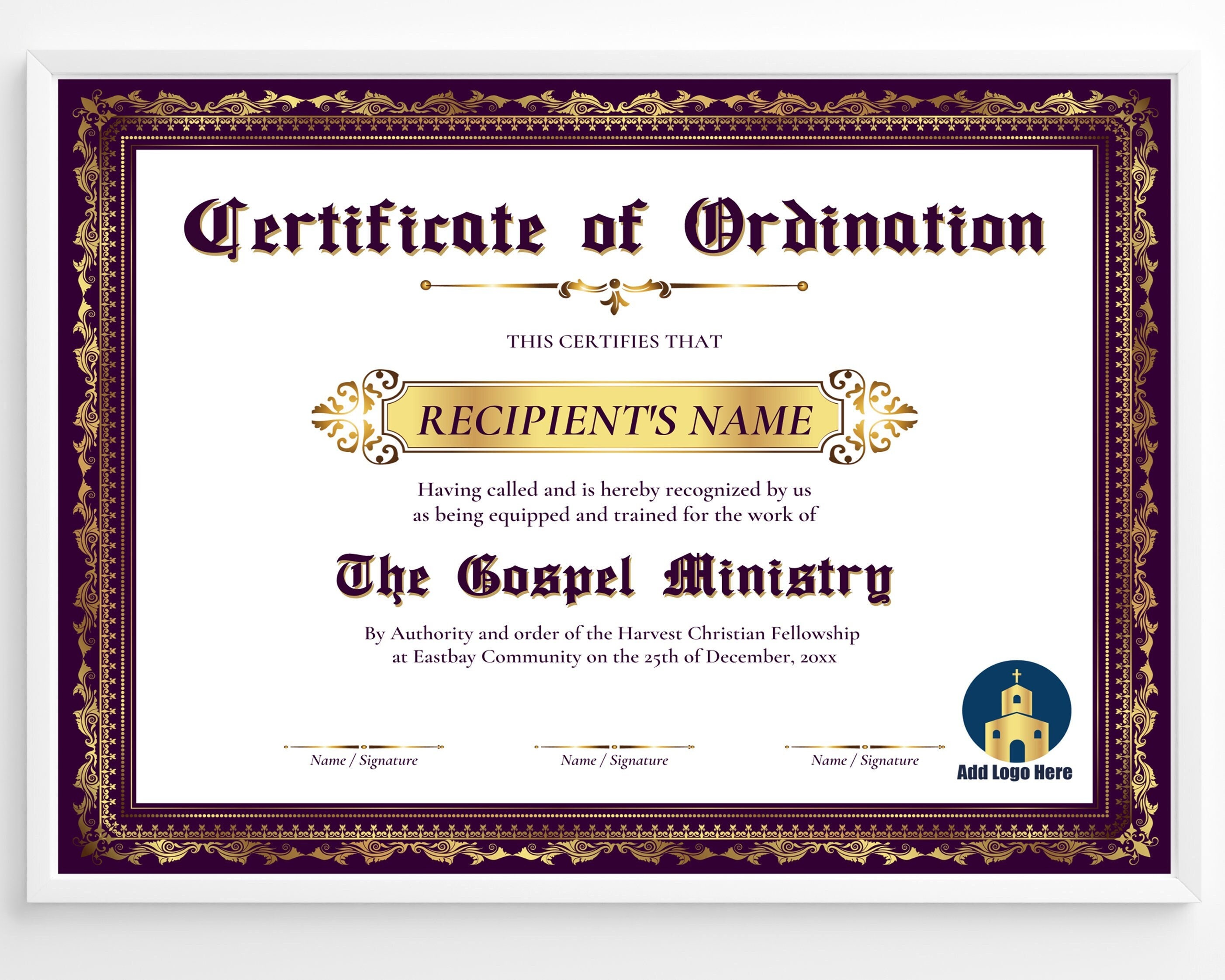 Editable Certificate of Ordination, Minister Certificate Template ...