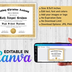 DIY Editable Diploma Customizable Highschool, Homeschool, College or ...