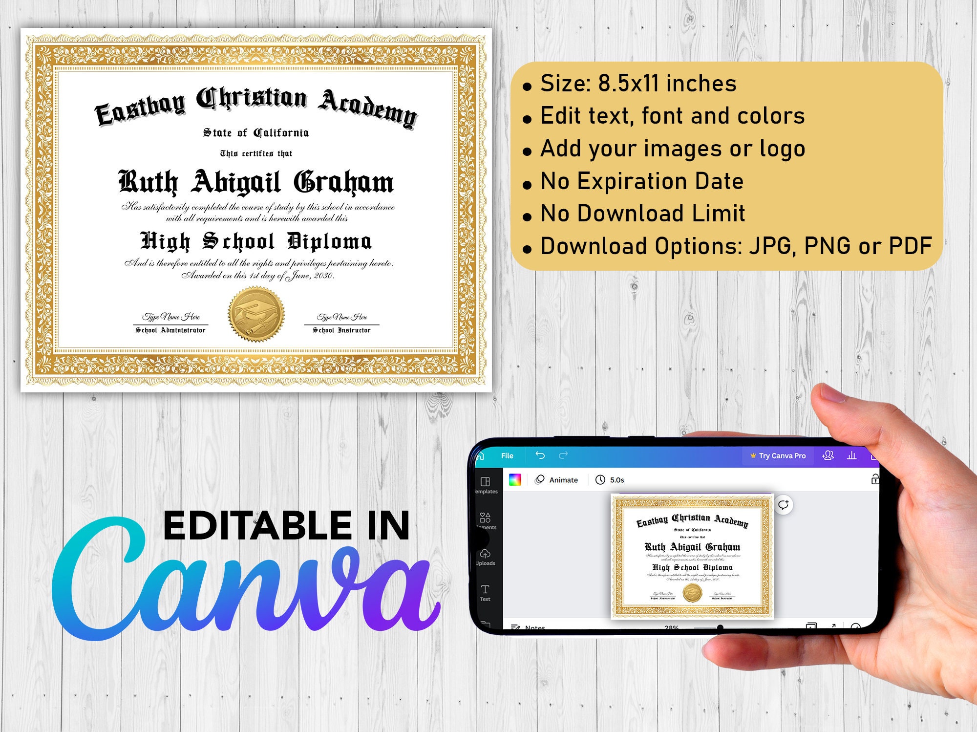 DIY Editable Diploma Customizable Highschool, Homeschool, College or ...