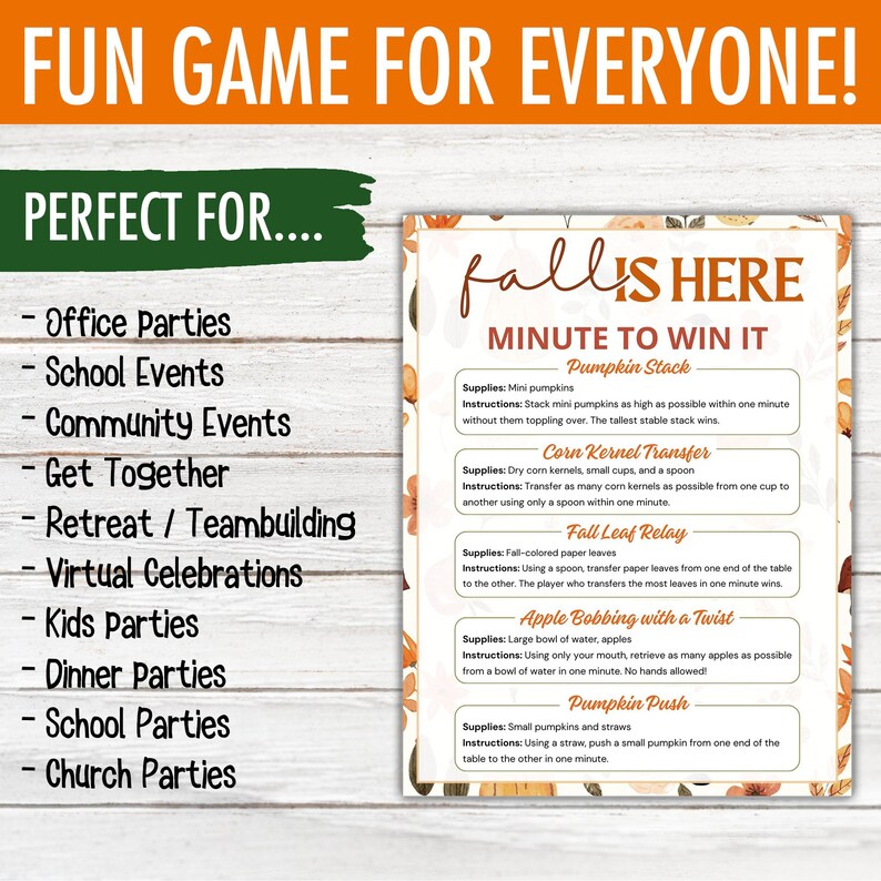 Fall Minute to Win It Games, Thanksgiving Autumn Party (printable) - Etsy