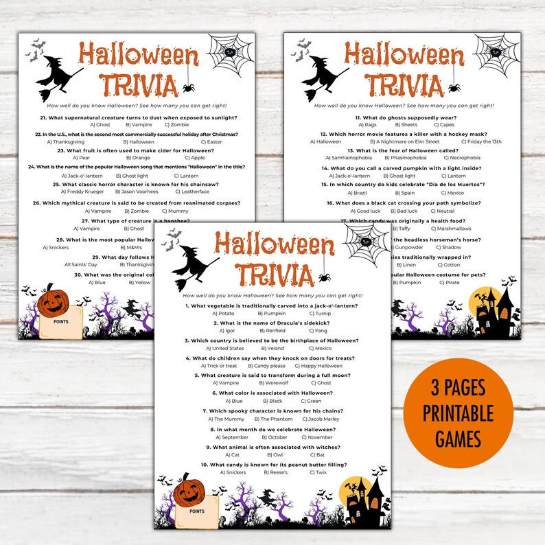 Halloween Trivia Game Printable, Halloween Party Games for Kids and ...
