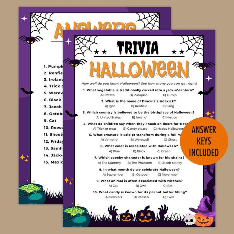 Halloween Trivia Game Printable, Halloween Party Games for Kids and ...