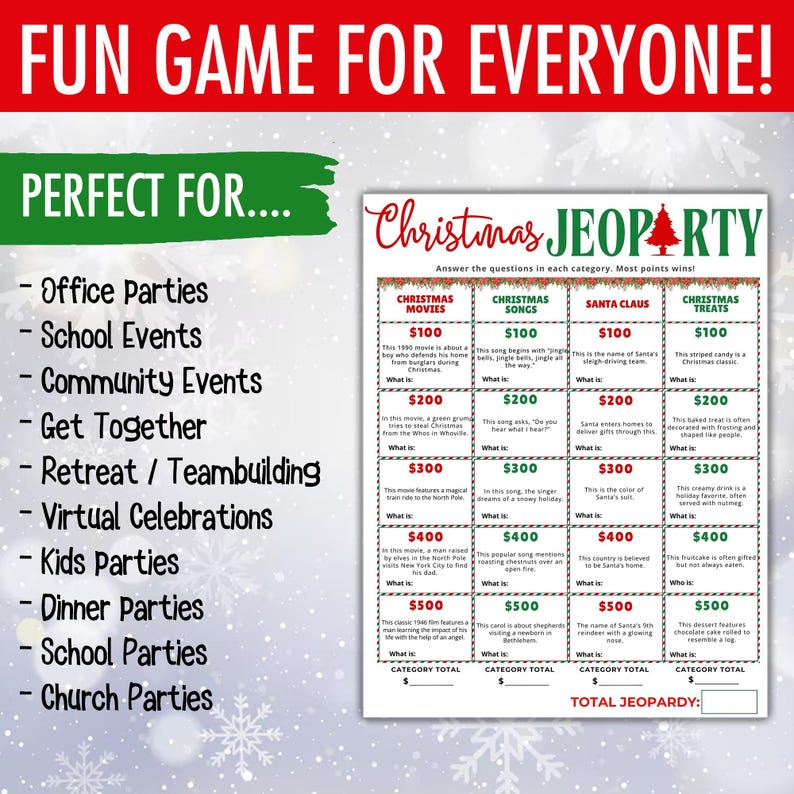 Christmas Jeopardy Game, Holiday Trivia, Family Party (digital Download ...