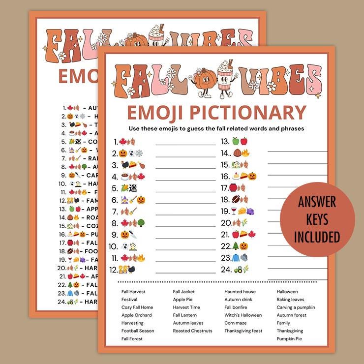 Fall Emoji Pictionary Game Printable Autumn Games Fall Time Activities ...