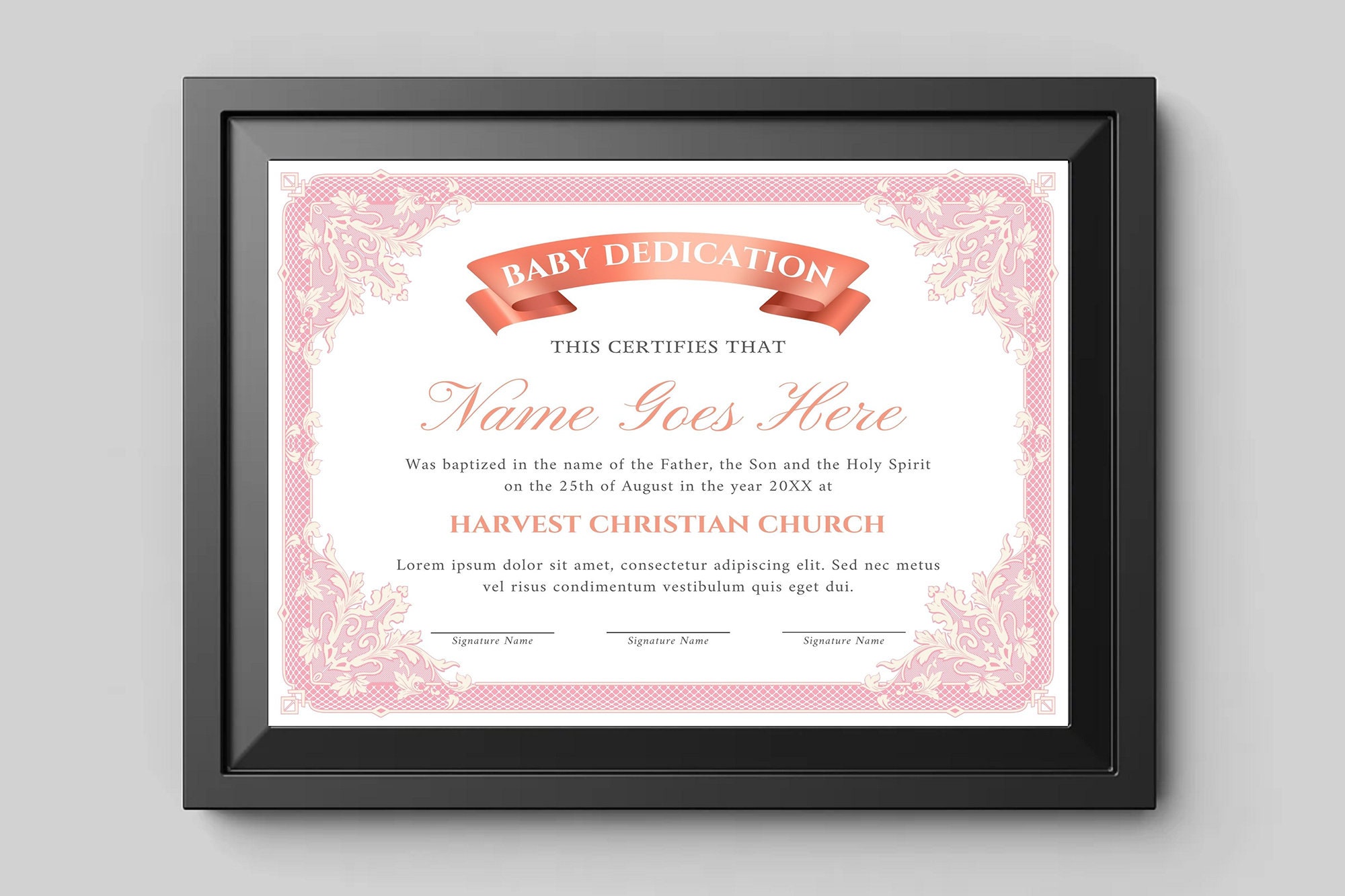 Girl Baby Dedication Certificate Template, Pink Border (digital ...