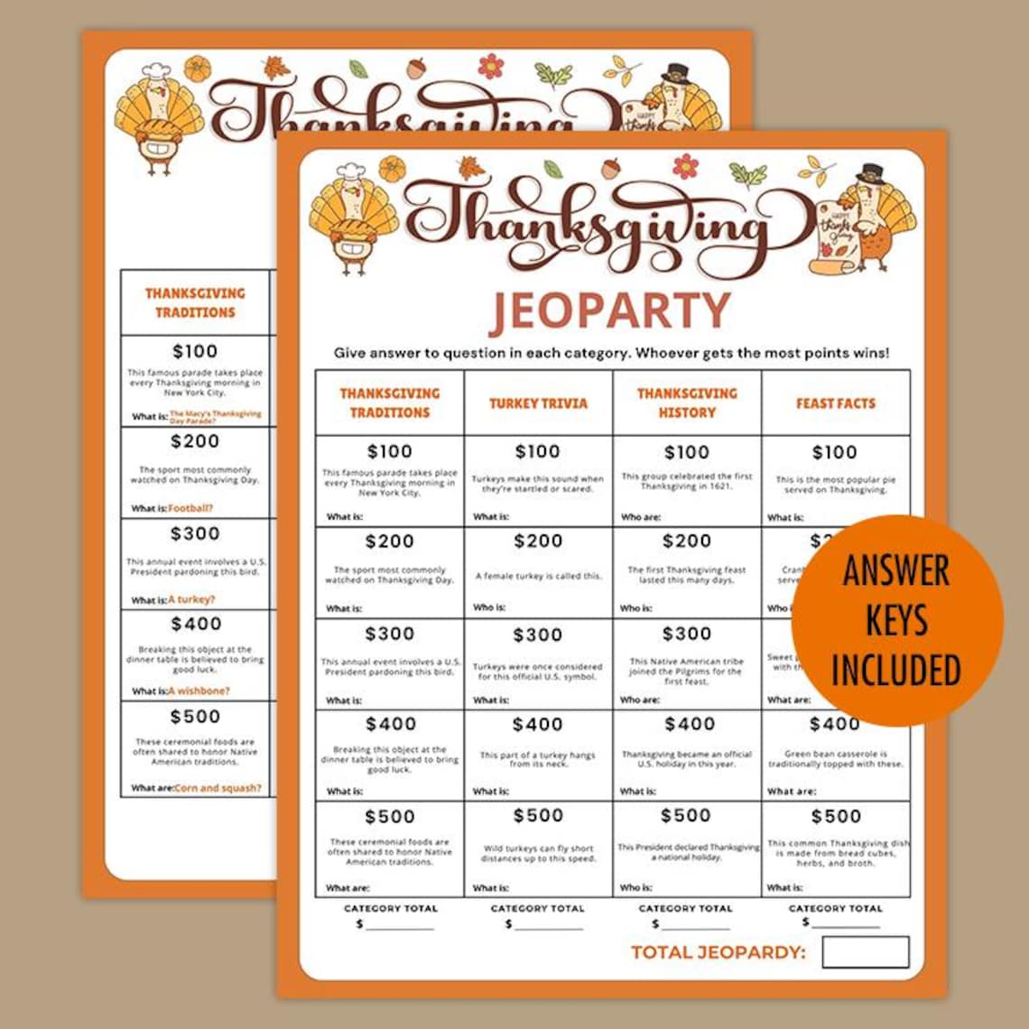 Thanksgiving Game Jeopardy, Printable Thanksgiving Trivia Game ...