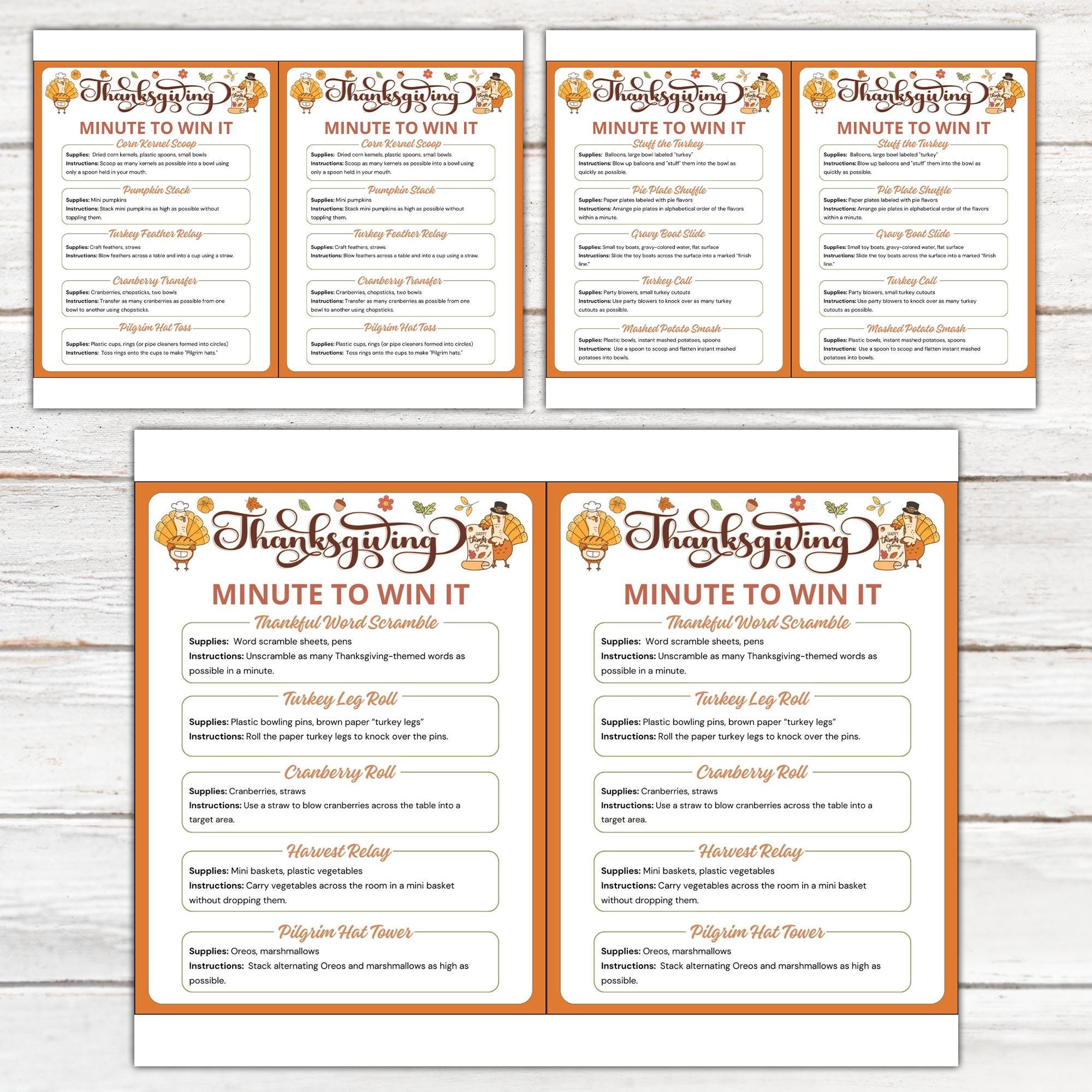 Thanksgiving Minute to Win It Games, Printable Party Activity (digital ...