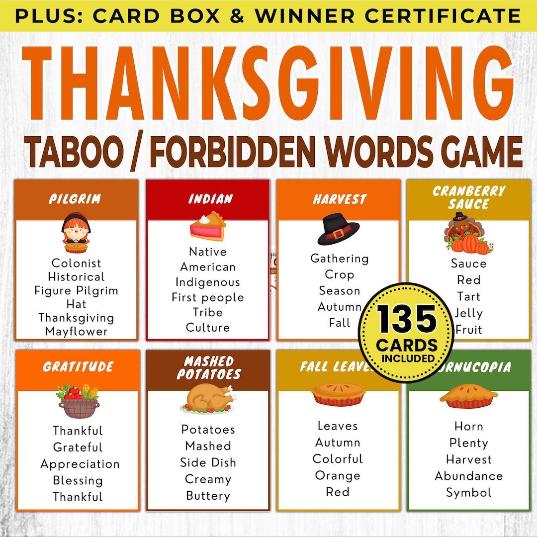 Thanksgiving Taboo Game, Fall Autumn Words Card Game, Family Reunion ...
