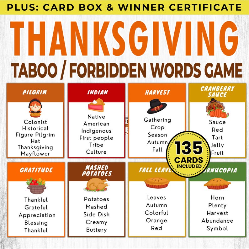 Thanksgiving Taboo Game, Fall Autumn Words Card Game, Family Reunion ...