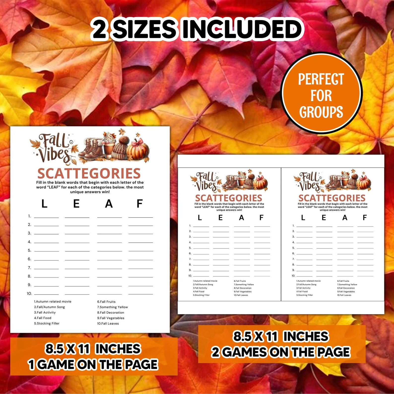 Fall Scattergories Printable Game, Autumn Word Games (PDF) - Etsy