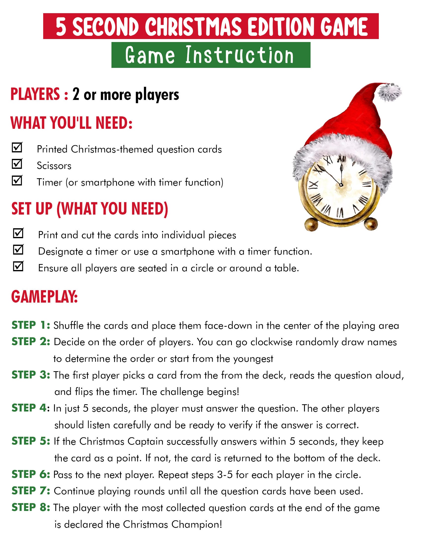 Christmas 5 Second Game Printable Christmas Game Christmas Holiday ...