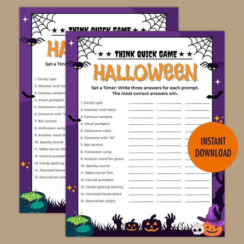 Halloween Think Fast Game | Printable Trivia for All Ages (digital ...