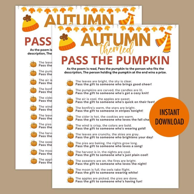 Autumn Pass the Pumpkin Game | Printable Fall Activity (PDF) - Etsy
