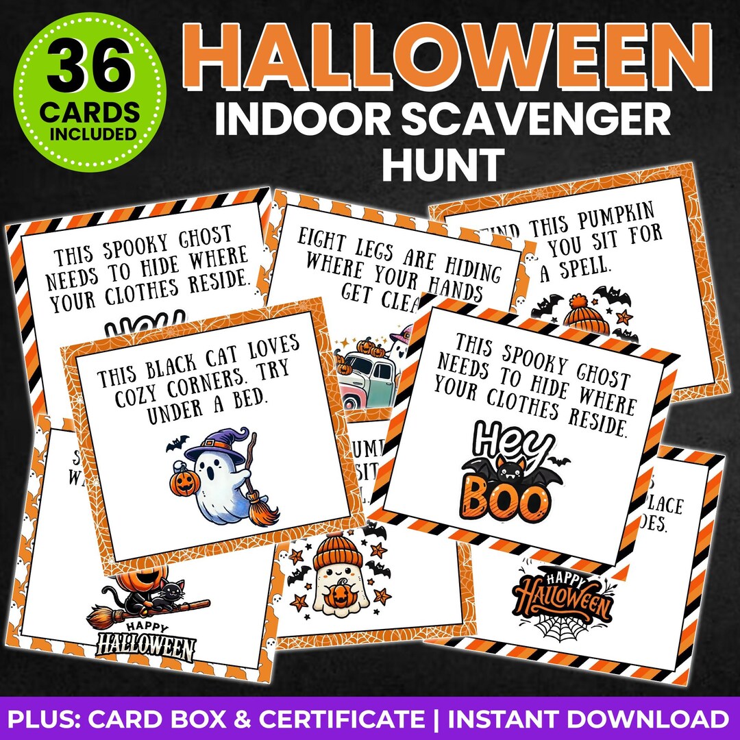 Indoor Halloween Treasure Hunt, Indoor Halloween Scavenger Hunt, 36 ...