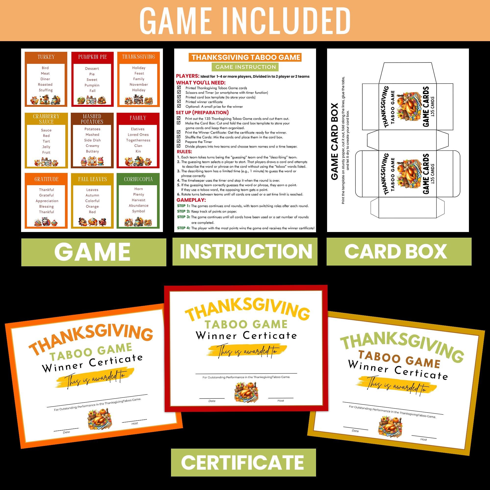 Thanksgiving Taboo Family Game, Thanksgiving Game Cards, Family ...