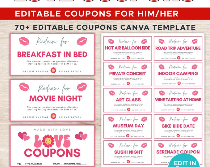 Editable Printable Love Coupons Book Template -anniversary or Valentine's Day Gift for Any ...