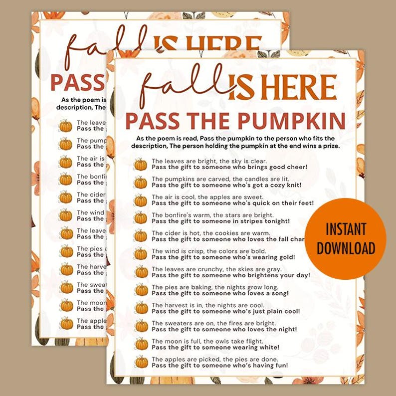 Fall Pass the Pumpkin Game | Printable Autumn Activity (digital ...